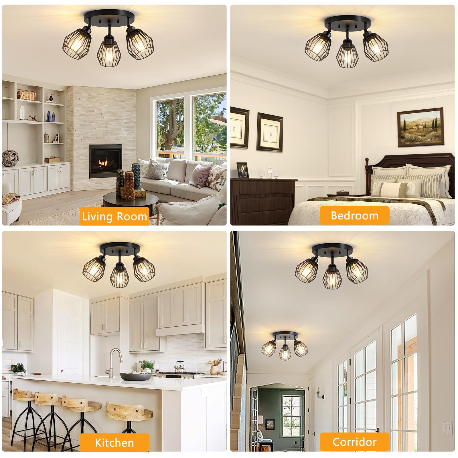 Baocuz 3-Light Kitchen Light Fixtures Ceiling Mount, Adjustable Multi-Directional Ceiling Fixture, Farmhouse Black Metal Cage Flush Mount Ceiling Light Fixtures for Hallway Dining Room Entryway