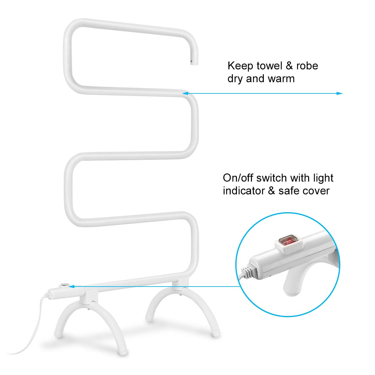 Electric Towel Warmer, S-Shaped Heated Towel Rack with Built-in Switch, Constant Temperature Control, 15 Min Fast Heating, Freestanding & Wall-Mounted Drying Rack for Bathroom, White