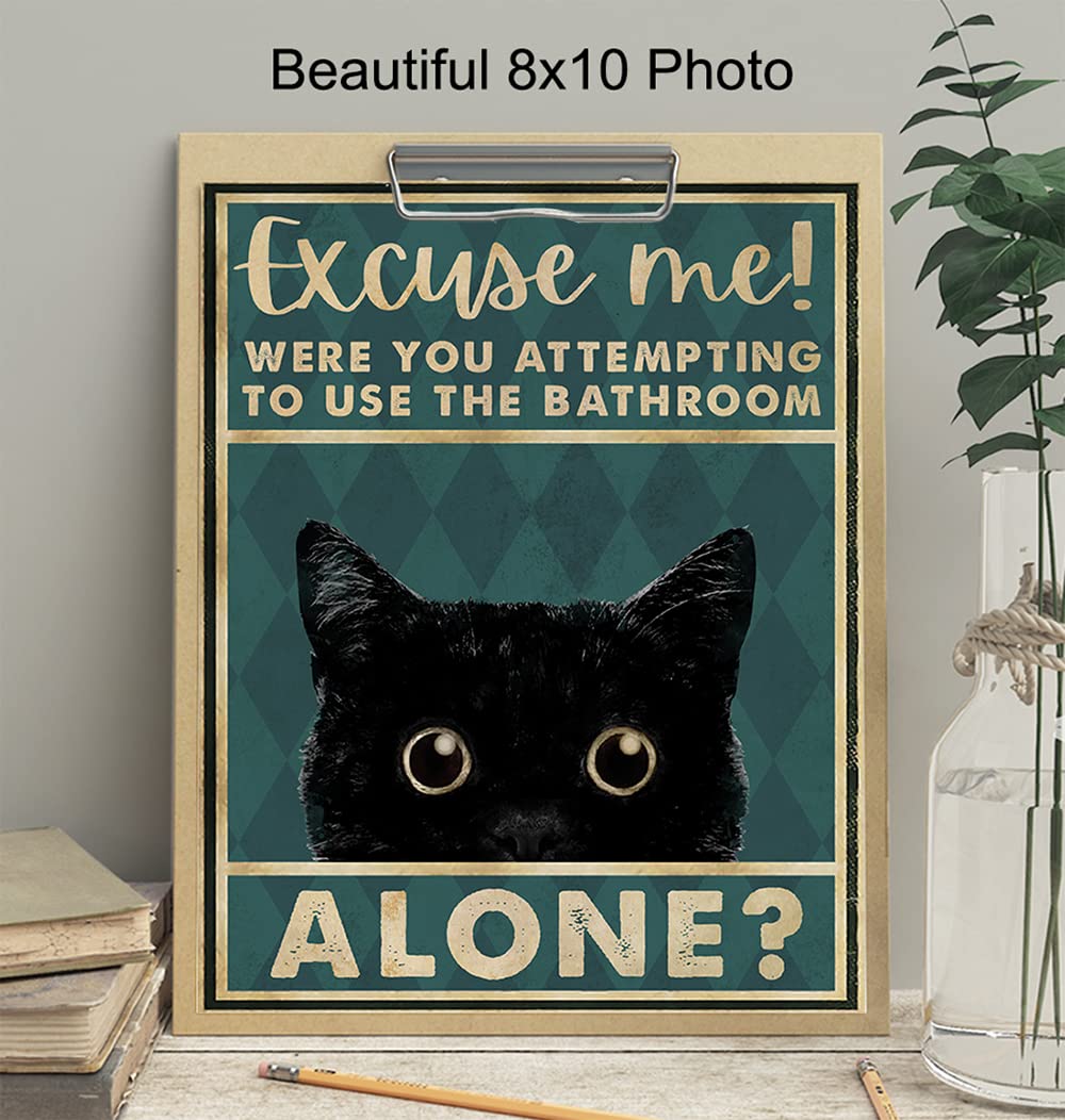 Cat Bathroom Wall Art & Decor - Funny Bathroom Wall Decor - Guest Bathroom - Restroom Sign - Excuse Me Bath Wall Decor - Unique Bathroom Decorations for Women, Kitty, Kitten Fan - Powder Room Wall Art