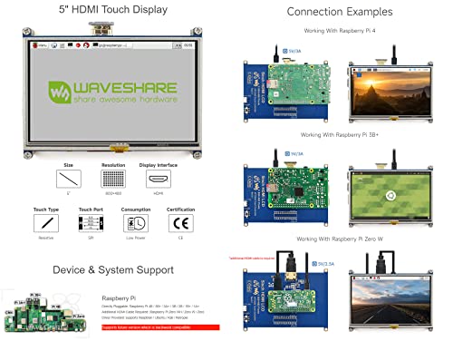 Waveshare 5 Inch HDMI LCD 800X480 High Resolution for Raspberry Pi 2 Model B/Raspberry Pi Model B/B/A/Raspberry Pi 3 Model B/3 B+