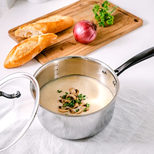 GrandTies Tri-Ply Stainless 4-Piece Induction Pots and Pans Set, Saucepan, Stockpot, Kitchen Cooking Pot with Lid and Black Metal Handle, Dishwasher Safe Cookware