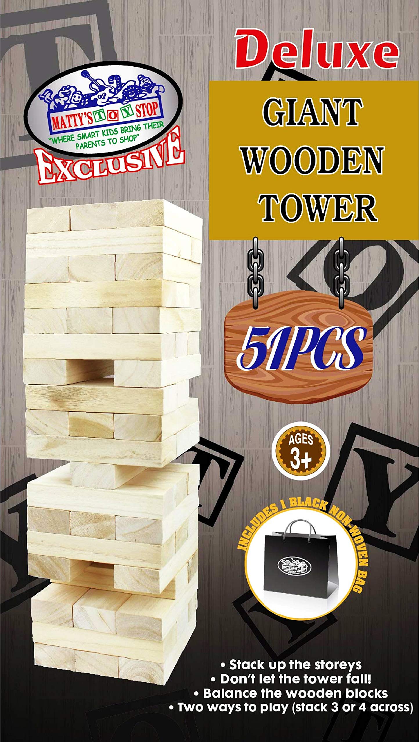 Mɑtty's Toy Stop Deluxe 51pc Giant Wood Tower Stacking Game with Storage Bag (Starts 17" Tall)