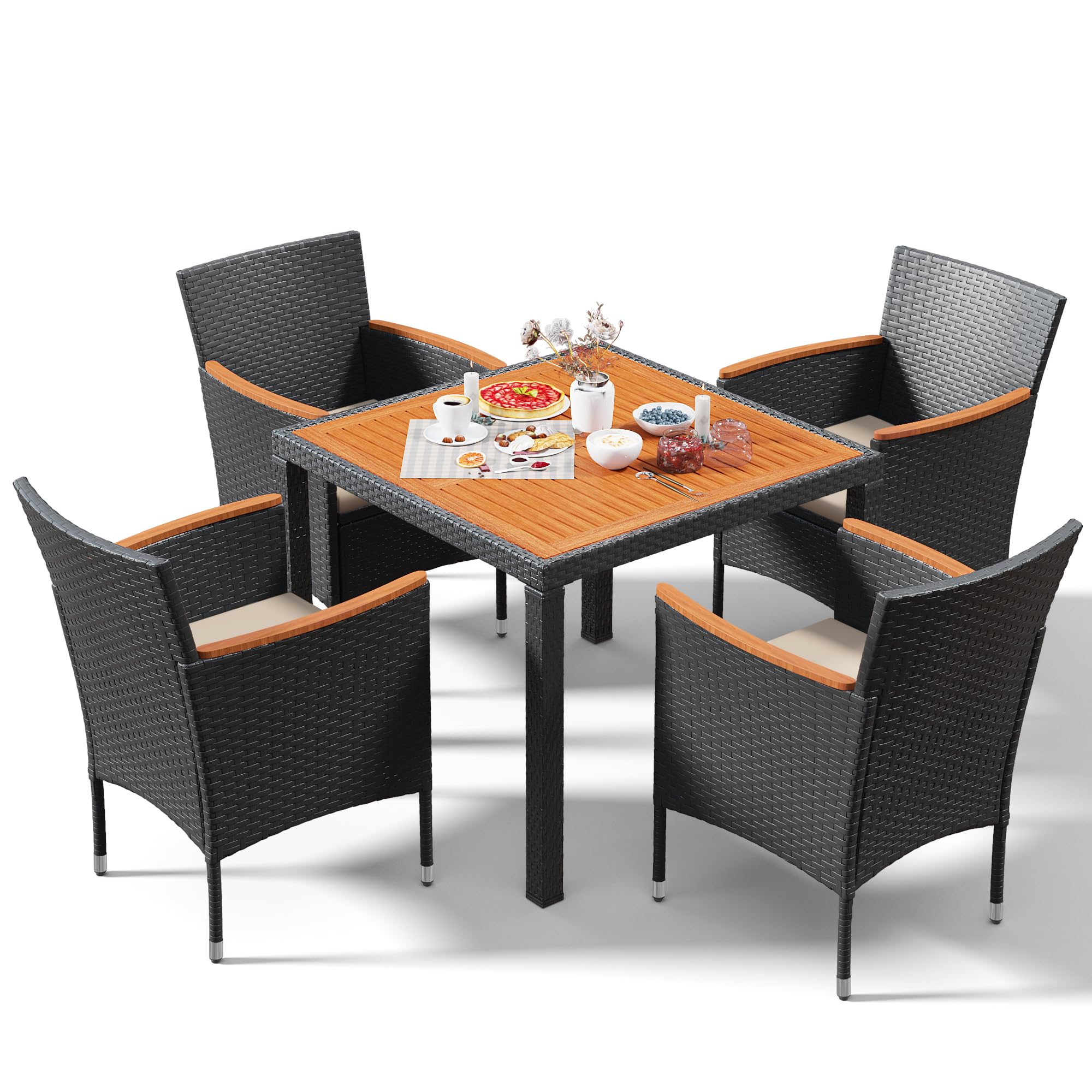 Devoko 5 PCS Furniture, Patio Conversation Set with Acacia Wood Top, Rattan Outdoor Dining Table and Chairs for Backyard, Garden, Deck, Black