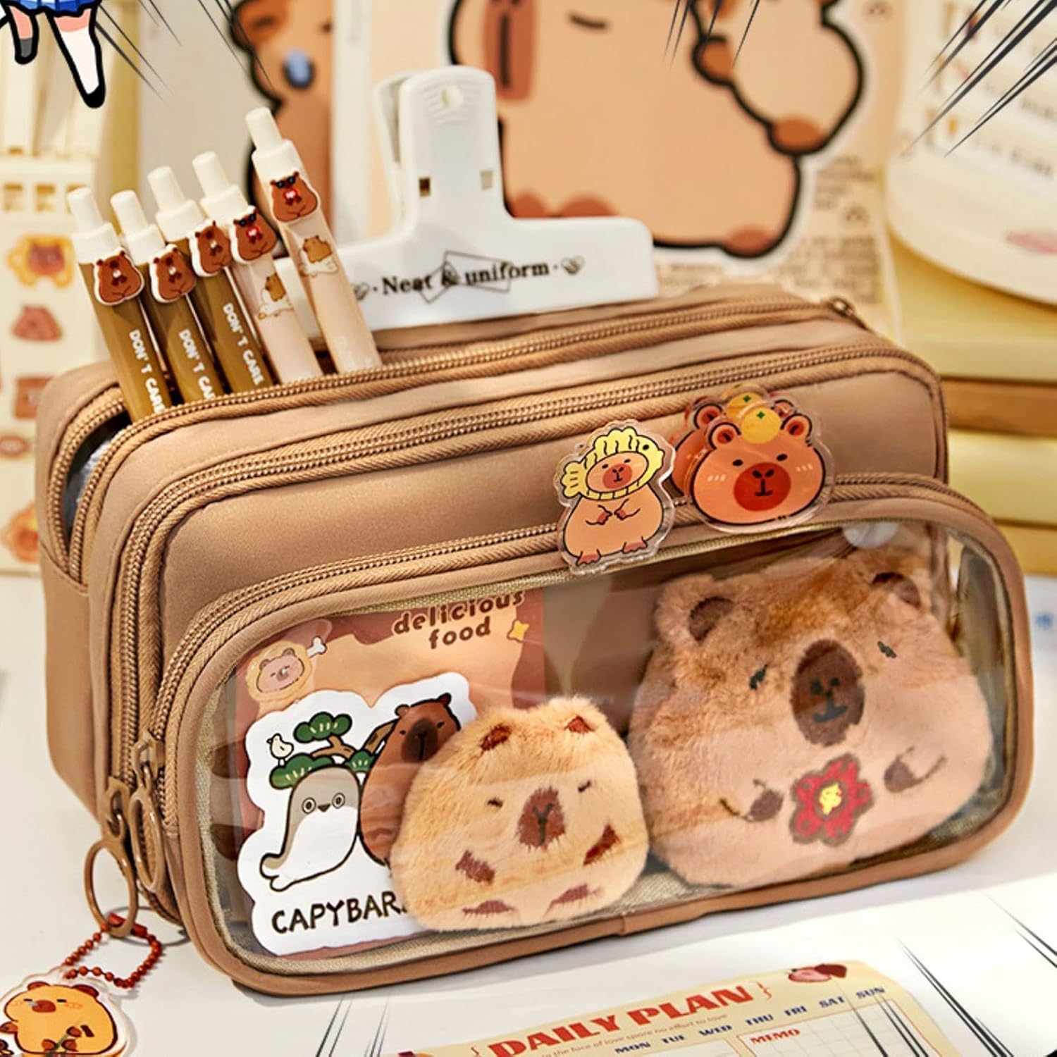Capybara Pen Case, Aesthetic Transparent Pencil Case, Large Zippered Pencil Pouch, Beautiful Pencil Bag, Multi-Layer Large Capybara Pencil Pouch (5th Floor-A)
