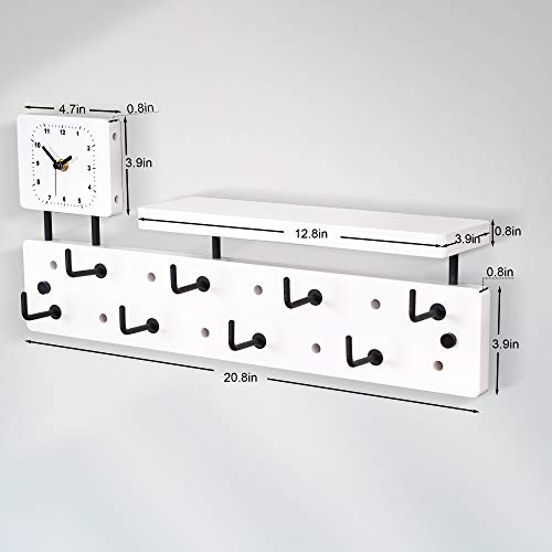 Entryway Coat Hooks with Shelf and Clock, Wall-Mounted Hanging Rack, Hallway/Living Room/Bedroom Organize and Decor Display Hook Rack. Bamboo Wood Body with 8 Metal Hooks, White Colour