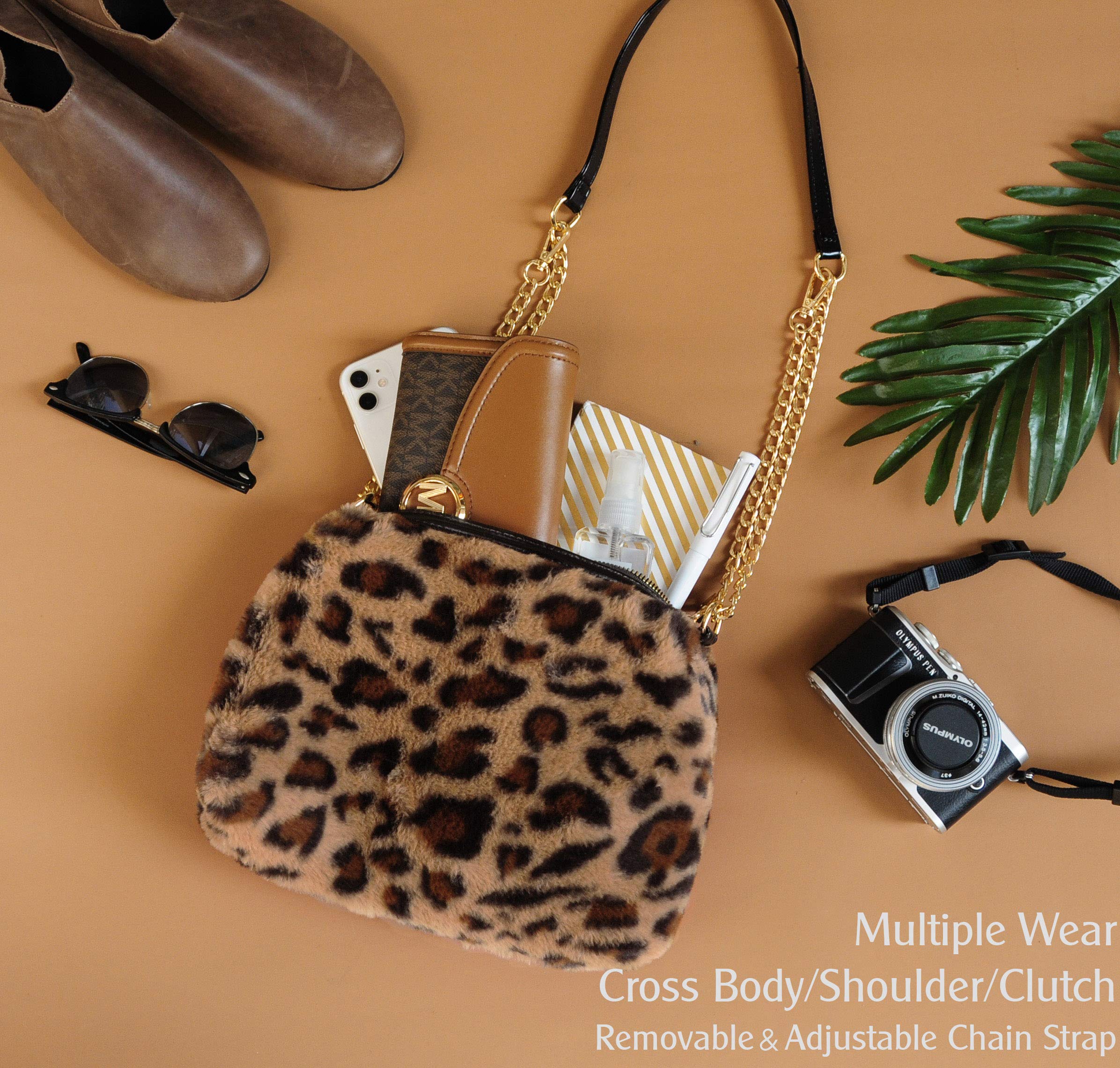 HOXIS Faux Fur Furry Crossbody Shoulder Handbag Clutch Purse(Leopard print)