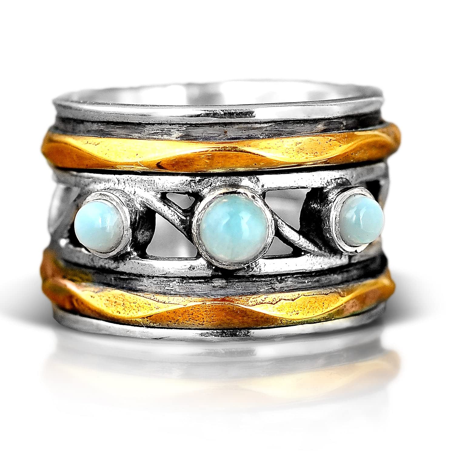 Boho-Magic 925 Sterling Silver Larimar Spinner Fidget Ring for Women with Brass Spinning Bands (11)