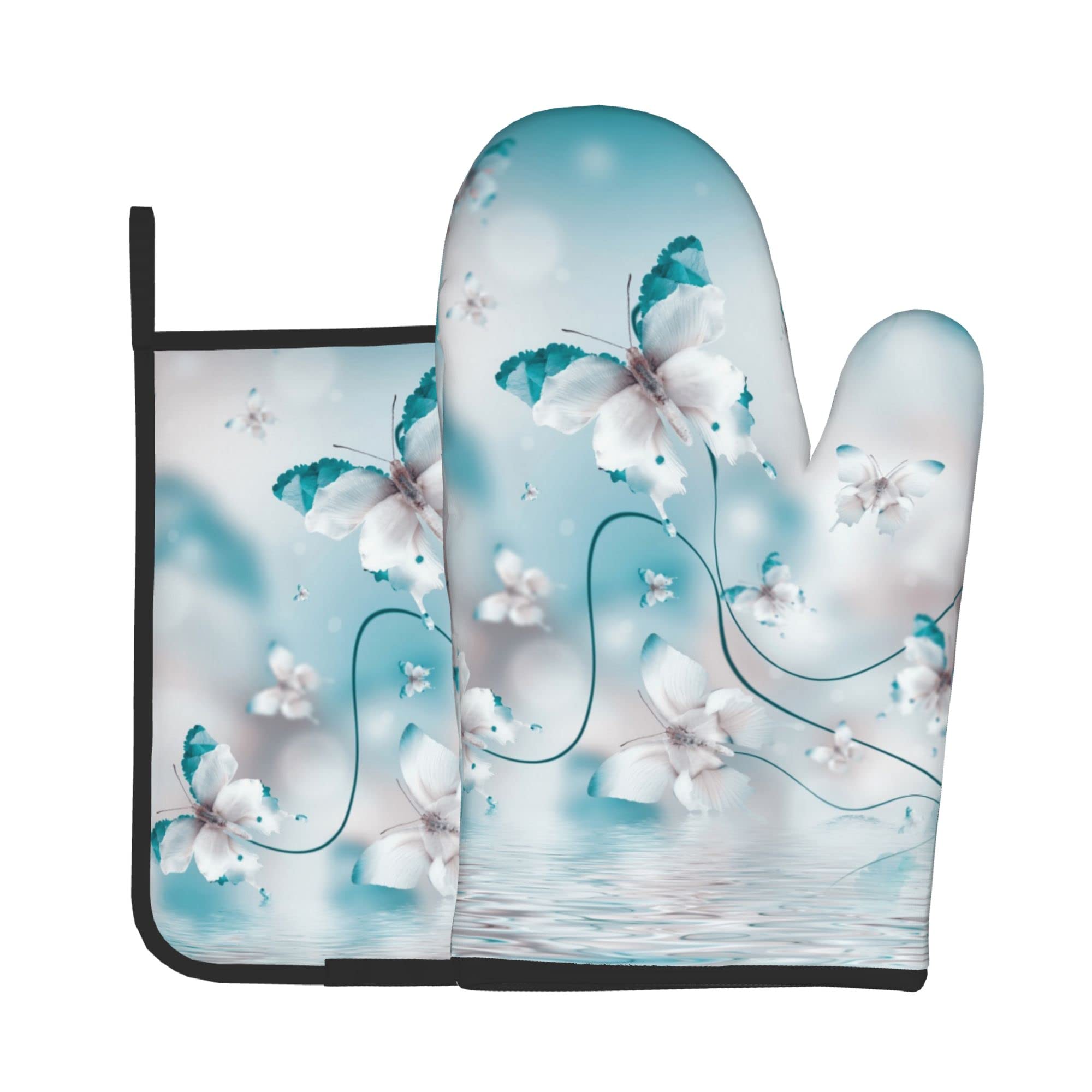Butterfly Oven Mitts and Pot Holders Sets, Teal Oven Gloves Hot Pads Kitchen Heat Resistant Potholders for Cooking Baking Grilling BBQ
