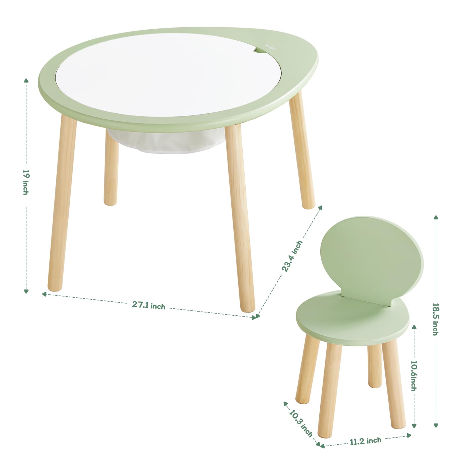 Beright Kids Table and Chairs Set, Kids Wooden Play Table with 2 Chairs, Kids Round Table for Toddlers, Suitable for Bedroom, Playroom and Kids' Room, with Removable Top Panel and Storage Bag, Green
