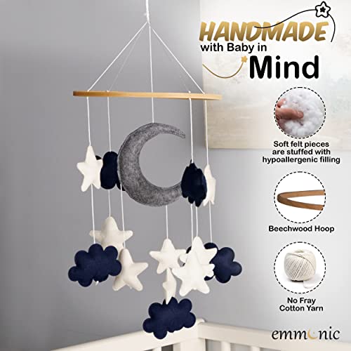 EMMNNIC Baby Mobile for Crib - Modern Boho Baby Mobile - Felt Nursery Mobile for Boy - White Stars - Navy Blue Clouds and Moon.
