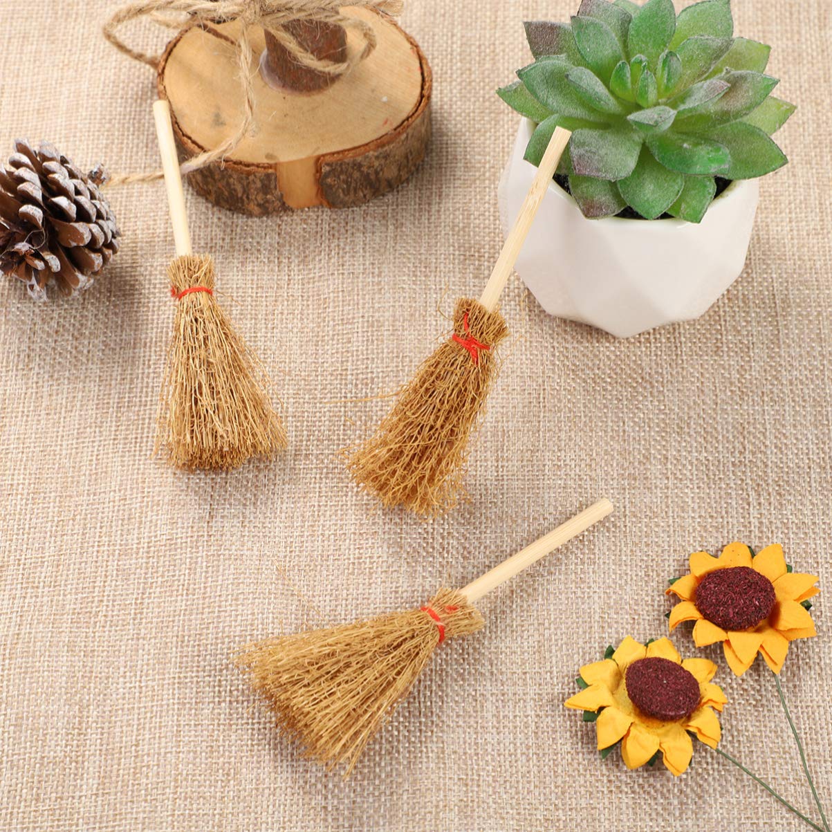 SEWACC Mini Straw Brooms with Red Ropes 12pcs Straw Broom Wizard Decor Artificial Miniature Halloween Straw Broom Craft Decoration for Home Decor Halloween Party