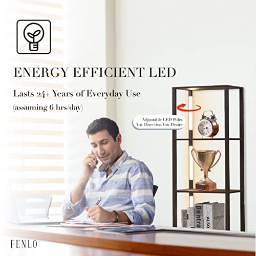FENLO Fancy Plus 64" Display Shelf with Dimmable LED Floor Lamps, Sturdy Display Cabinet with Shelves for Bedroom, Open Bookshelf Display Case with Corner Curio Cabinet, 3 Brightness Levels, Black