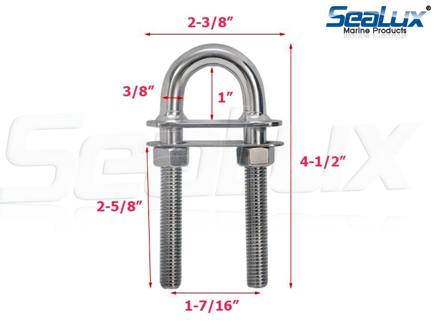 SeaLux Marine 3/8" Stock Fixed Welding Plate Bow Eye Stern Eye U-Bolt 4-1/2" Length with 3" Stud Length