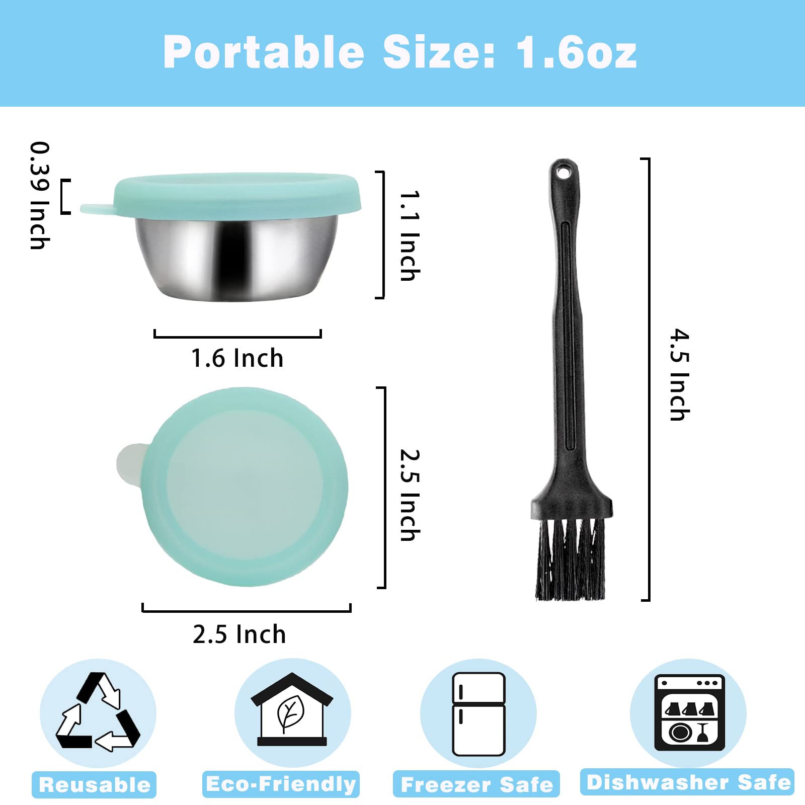 GUMBALL 6 Pack Salad Dressing Container To Go, 1.6oz Stainless Steel Sauce Containers Condiment Cups with 8 Silicone Lids for Lunch Bento Box, Leakproof, Easy to Open - 1 Extra Deep Clean Brush