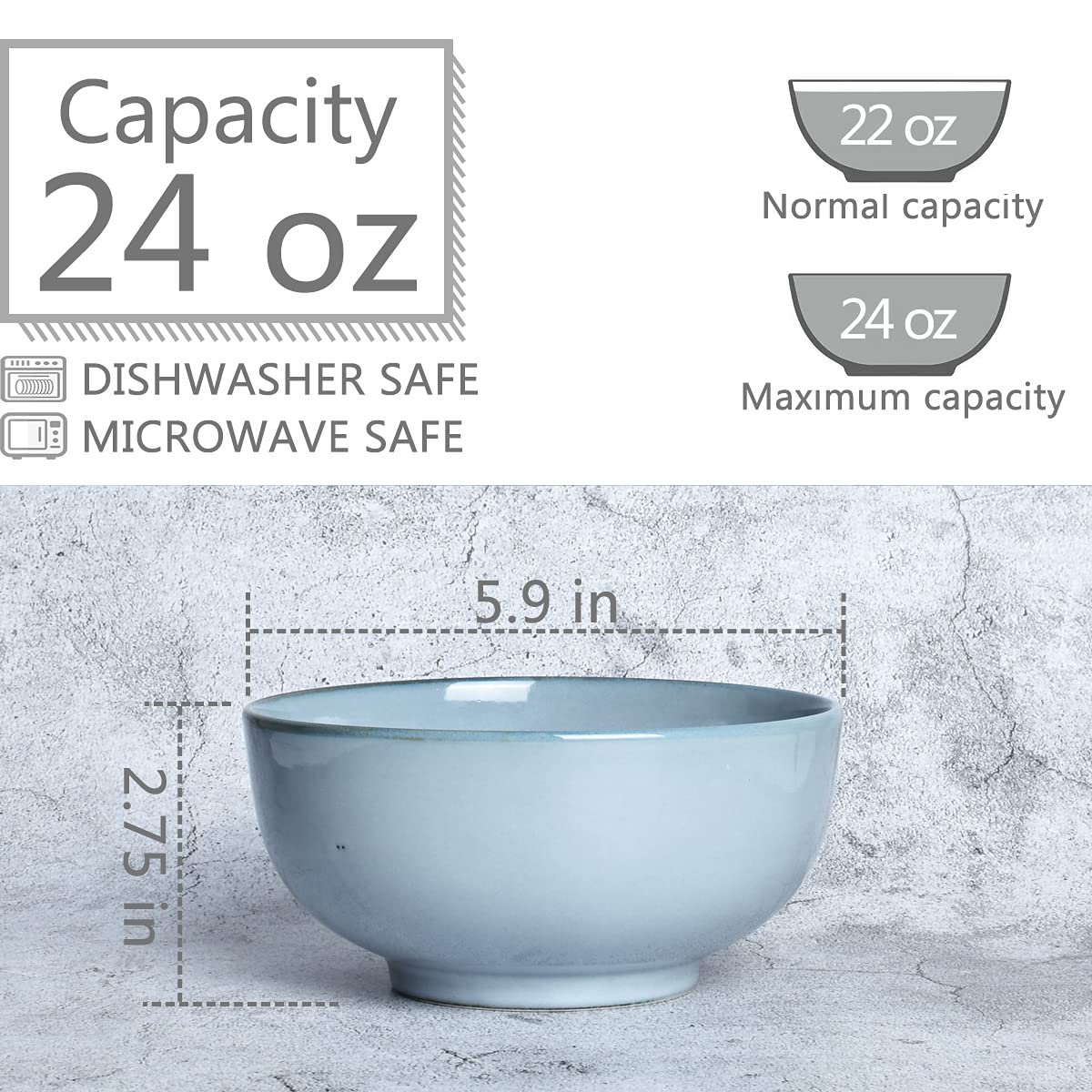 Bosmarlin Ceramic Bowl Set of 4, Dishwasher and Microwave Safe (5.75 Inches, Grey)