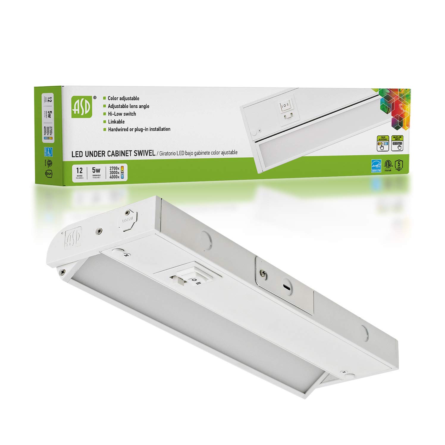 ASD Swivel LED Under Cabinet Lighting, 12 Inch 5W, Hardwired or Plug-in, 2700K/3000K/4000K Selectable, Rotatable Lens, Dimmable Linkable Under Counter Light for Kitchen, ETL & Energy Star