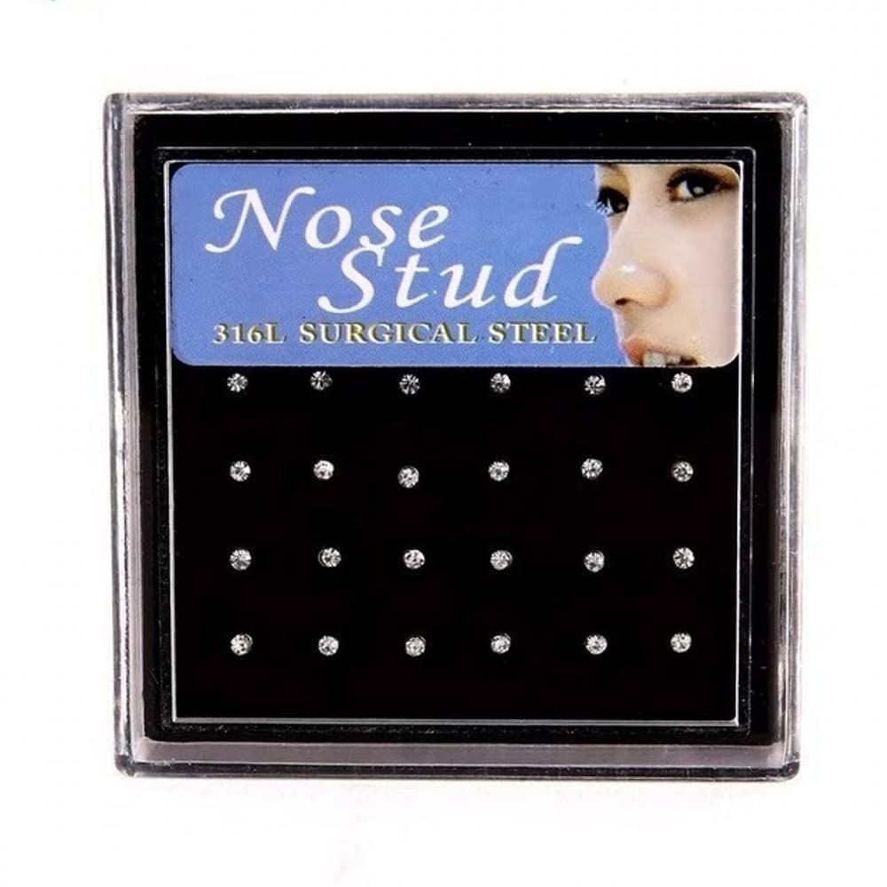 IPINK 24 Nose Rings Bone Stud CZ Gem 20G Lot 24 Pieces CZ Steel in Case Mix Colors