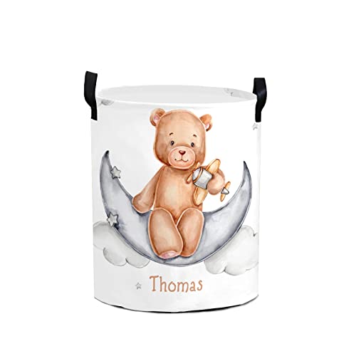 Bear Sits on Moon Personalized Laundry Hamper,Custom Name Collapsible Waterproof Laundry Basket Storage Bins with Handle for Clothes,Toy,Nursery