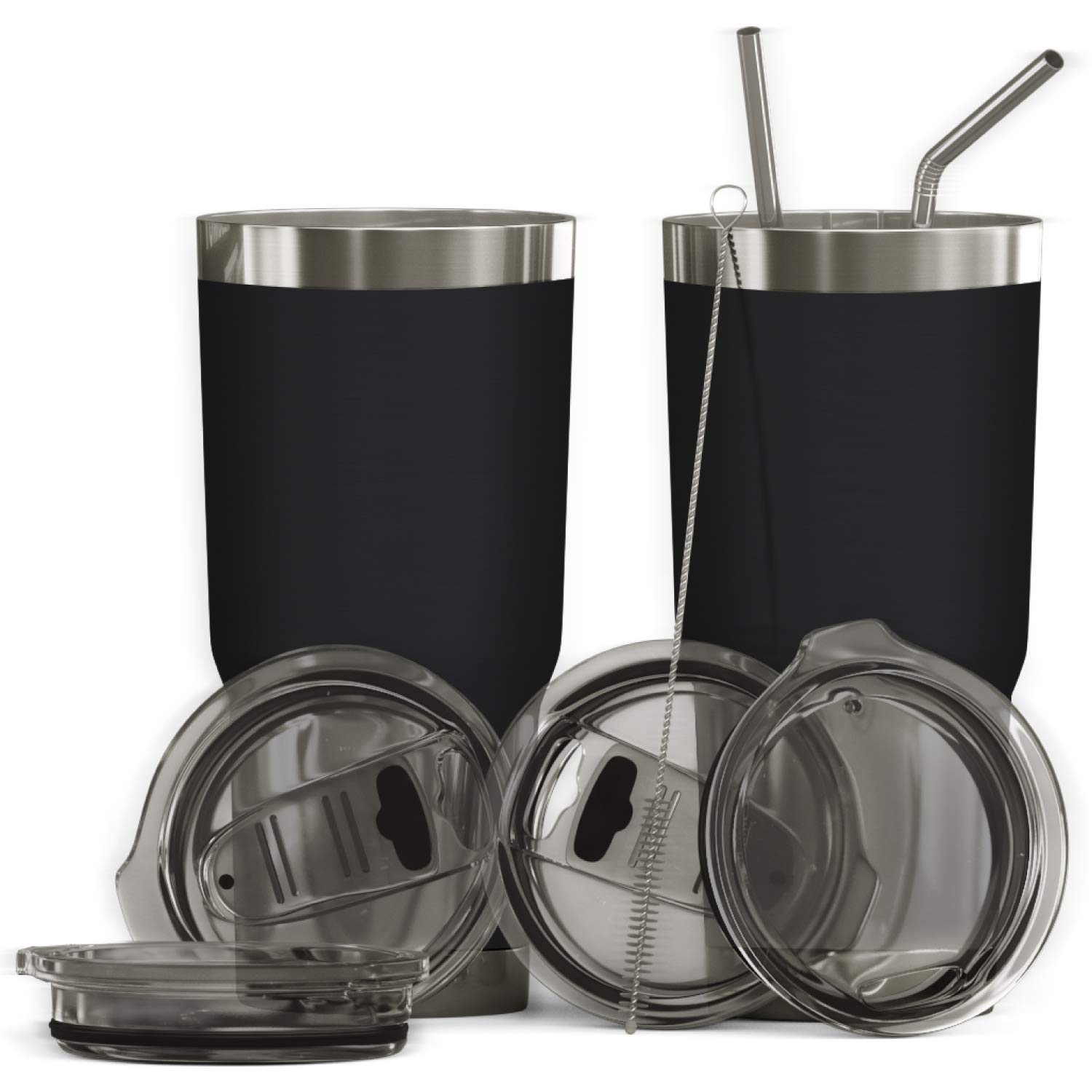 BluePeak Double Wall Vacuum Stainless Steel Insulated Tumblers Set, 2-Pack - Includes 2 Sipping Lids, 2 Spill-Proof Sliding Lids, 2 Straws, 1 Cleaning Brush & Gift Box (30 oz, Black)
