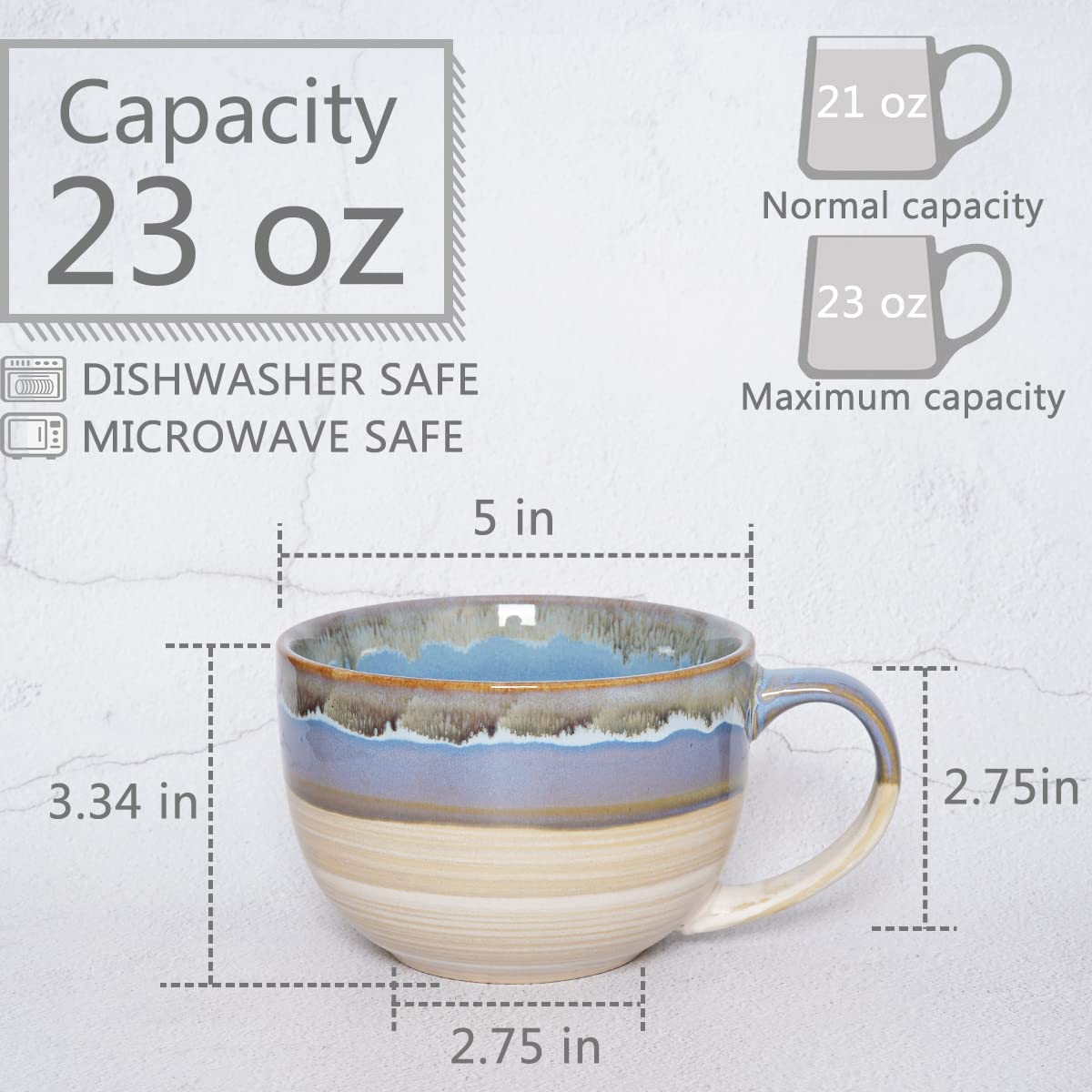Bosmarlin Ceramic Jumbo Coffee Mug Set of 2, 23 Oz, Large Mug Soup Bowls with Handles, Dishwasher and Microwave Safe (Blue)
