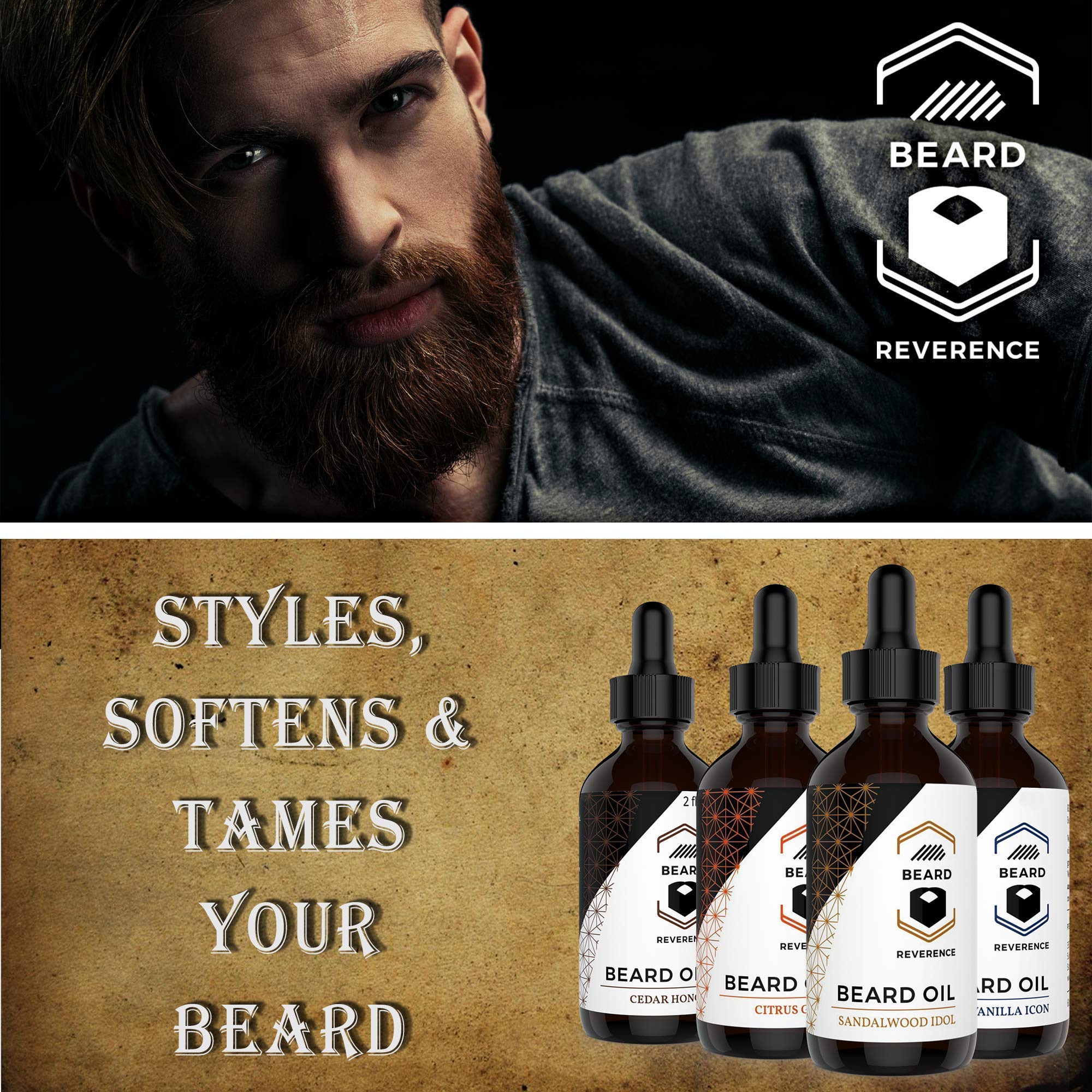 Beard Oil 4 Pack (Vanilla, Sandalwood, Cedarwood, Citrus) – All Natural Leave-in Conditioner to Soften and Style Beards and Mustaches – Made with Tea Tree, Jojoba, Argan Oils - 1oz Each