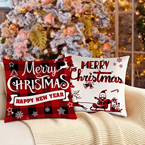 Christmas Decorations Pillow Covers 18x18 Set of 4 Red Black Buffalo Check Plaid Pillow Cases Christmas Decor Pillow Covers for Sofa Couch Christmas Decorations Clearance Indoor Outdoor Farmhouse