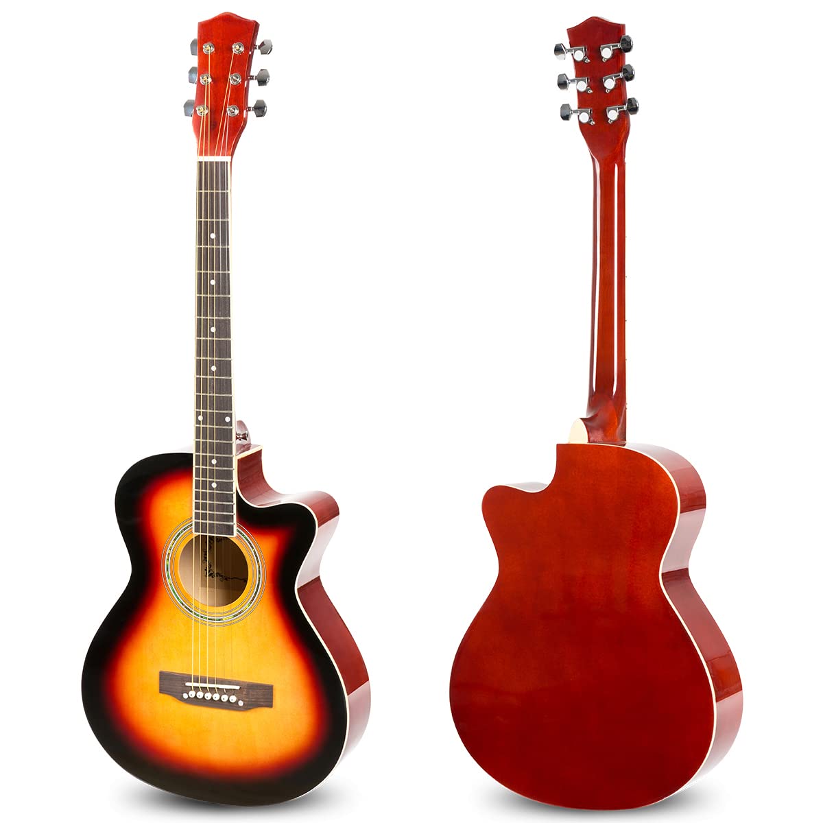 ARTALL 39 Inch Handmade Solid Wood Acoustic Cutaway Guitar Beginner Kit with Gig Bag, Strings, Picks, Strap, Glossy Sunset