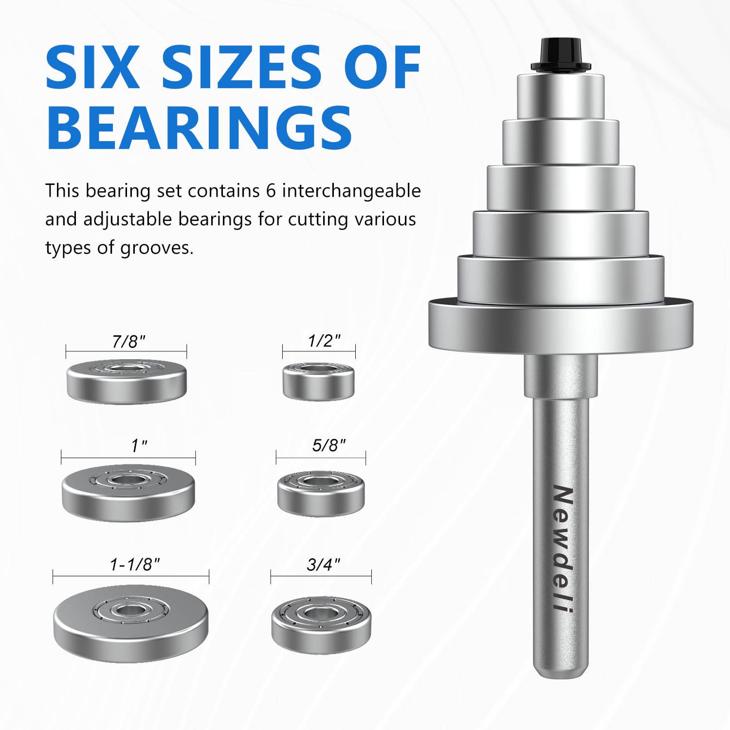 Newdeli Rabbet Router Bit Set 1/4 Inch Shank - 4Pcs Rabbeting Router Bits(1/8",1/4",3/8", 1/2" Height) with 6 Bearings Set (3/8", 1/2", 5/8", 3/4", 7/8", 1-1/8" Bearings) - Wood Biscuit Slot Cutters