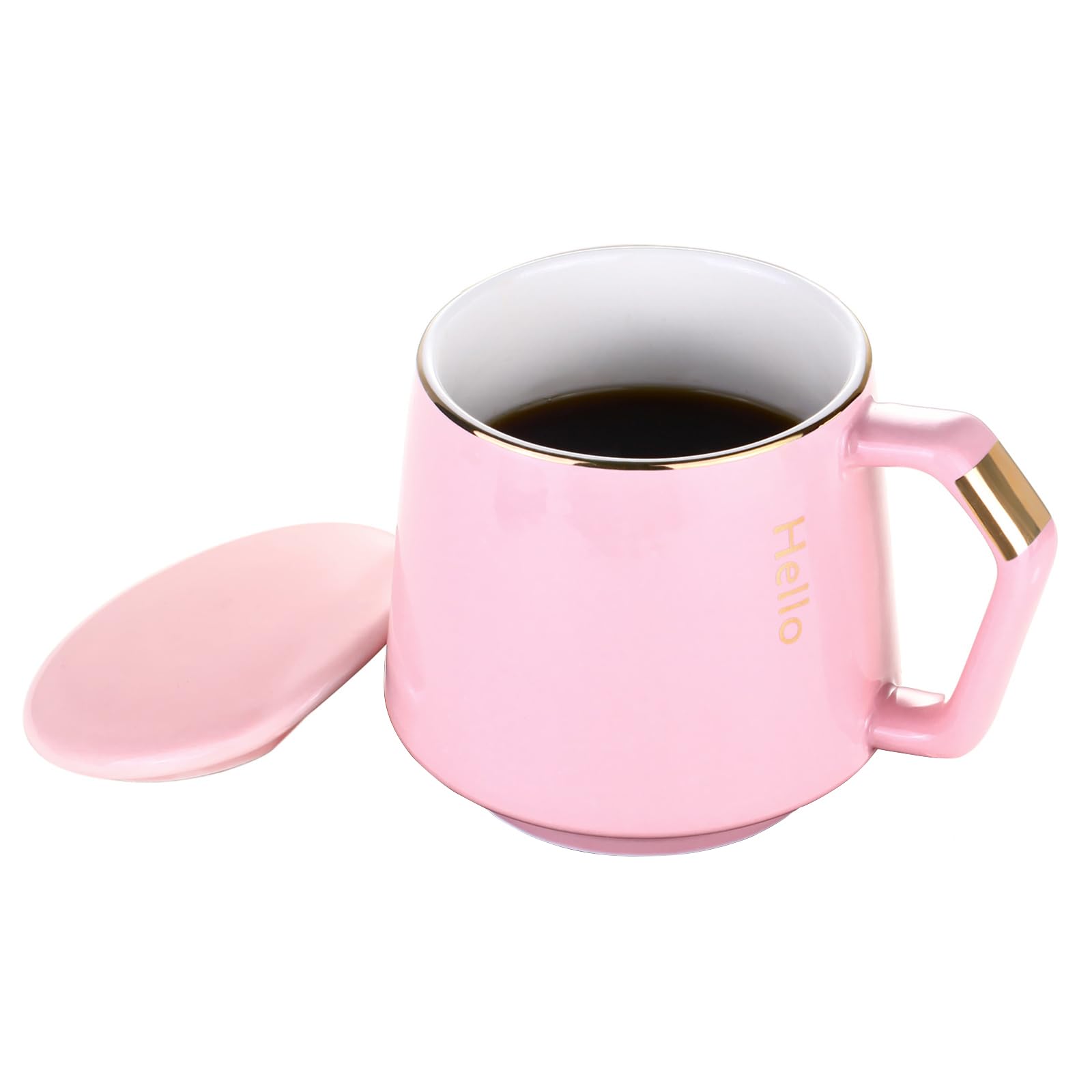KRGMNHR Ceramic Coffee Mug with Lid, 13.5 oz Tea Cup with Extra Wide Flat Bottom, Best Match w/Mug Warmer, for Office and Home, White