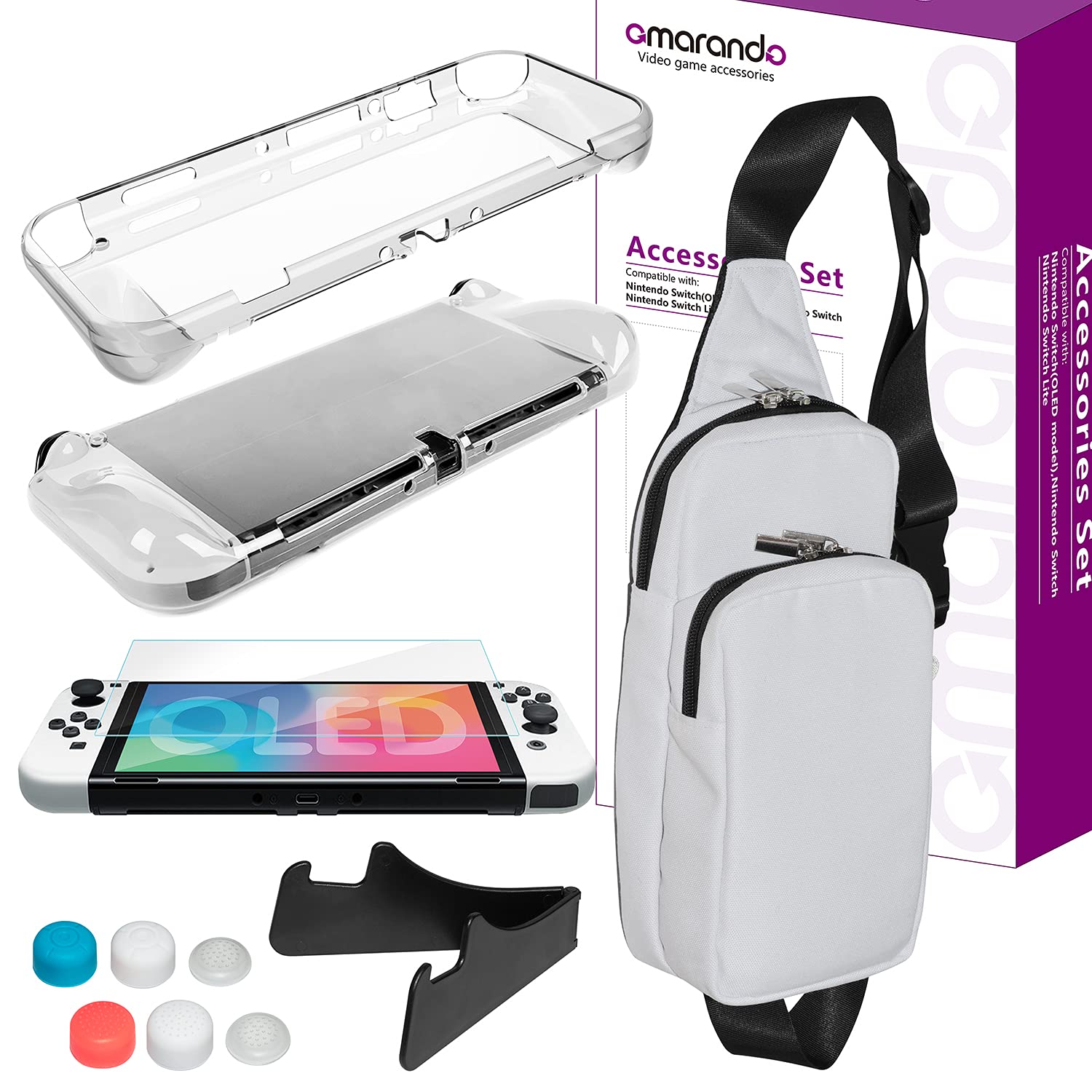 omarando TPU Case Cover Accessories Kit for Nintendo Switch (OLED model),Shoulder Bag for Switch,with Tempered Glass Screen Protector,Thumb Grip Caps .Mini travel playstand (Clear)