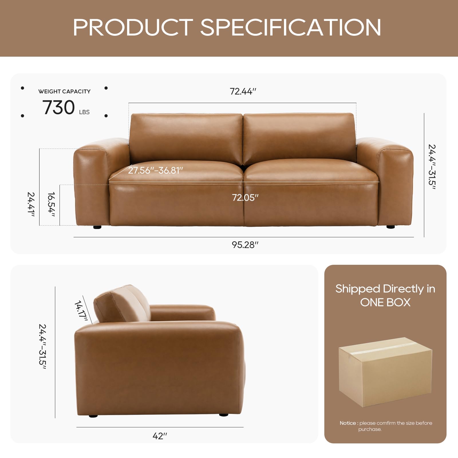 COLAMY 95Inches Oversized PU Leather Sofa for Living Room-Down Filled 3-Seater Modern Sofa with Extra Deep Seats, Wide Arm-Brown