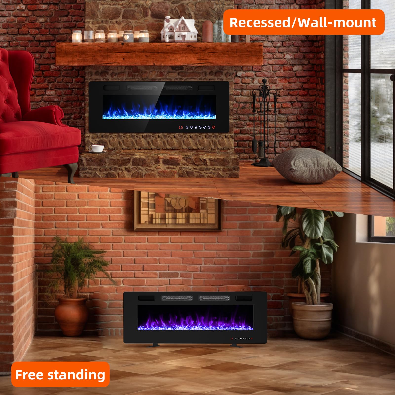 BREEZEHEAT 50 inch Electric Fireplace Wall Mounted/Freestanding-Ultra Thin Fireplace Inserts for Living Room with Double Heat Vent, Remote Control, Touch Screen, Led Flame, 8H Timer, 750w/1500w