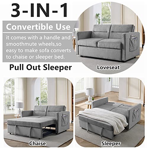 Gynsseh Pull Out Loveseat Sleeper, Adjustable Sleeper Loveseat Couch with Pull Out Bed and Side Pockets, 3-in-1 Convertible Sleeper Sofa Bed for Small Spaces Living Room (S3-Gray)