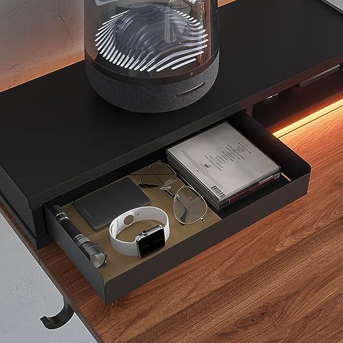 FEZIBO 55 × 26 Inch Electric Standing Desk with Monitor Stand, Height Adjustable Table with LED Strips, Ergonomic Home Office Furniture with 2 Drawers Storage Gaming Workstation, Black Walnut Top