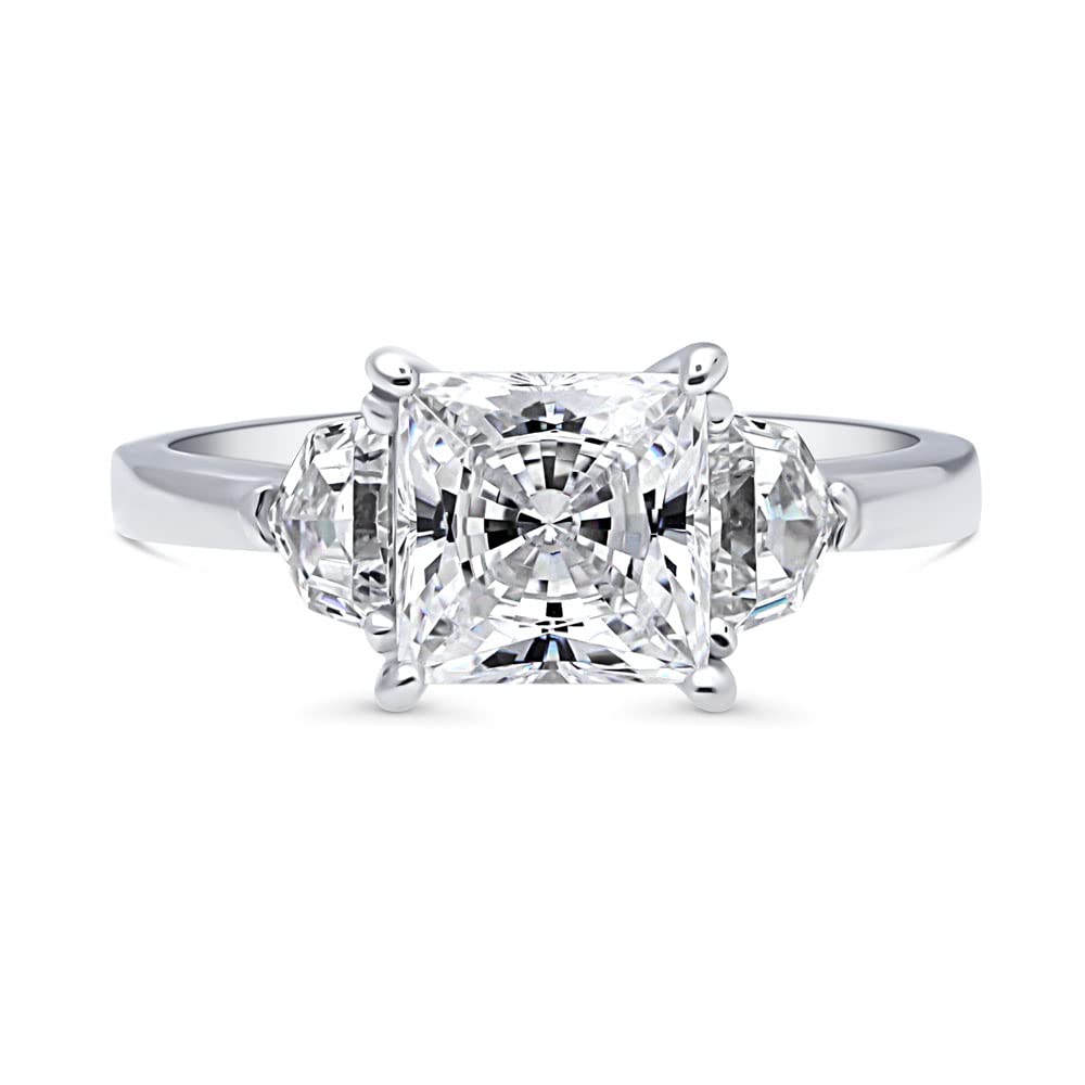 BERRICLE Sterling Silver 3-Stone Wedding Engagement Rings Princess Cut Cubic Zirconia CZ Ring for Women, Rhodium Plated Size 5
