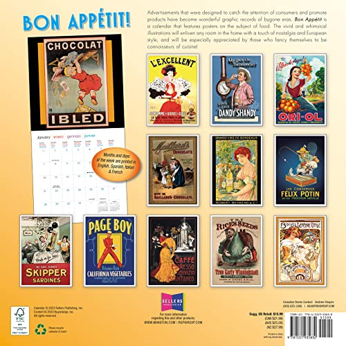 Bon Appétit 2024 Wall Calendar — Vintage Poster Art, 16-Month Cooking Calendar, 12" x 12"