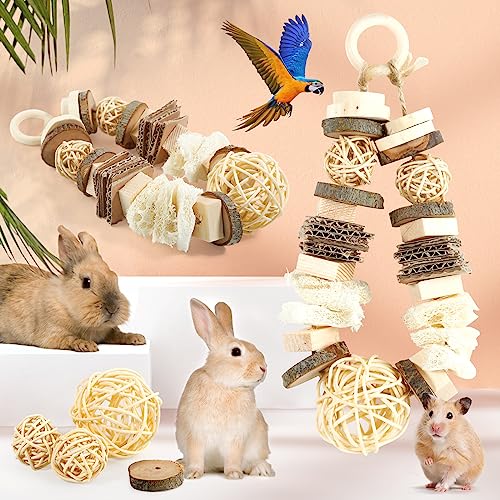 Bunny Chew Toys for Rabbits, Hanging Rabbit Toys, Wooden Bunny Natural Chew and Treat Toys Improve Dental Health for Rabbits, Hamsters, Guinea Pigs Chinchillas, Birds, and Other Small Pets