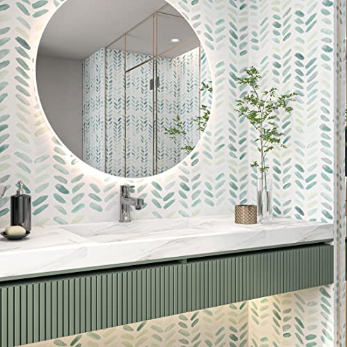 Green and White Wallpaper Peel and Stick Wallpaper Boho Contact Paper for Cabinets Leaf Wallpaper for Bedroom Self-Adhesive Removable Wallpaper Herringbone Wallpaper Drawer Kids Wallpaper 17.3βΓ78.8β