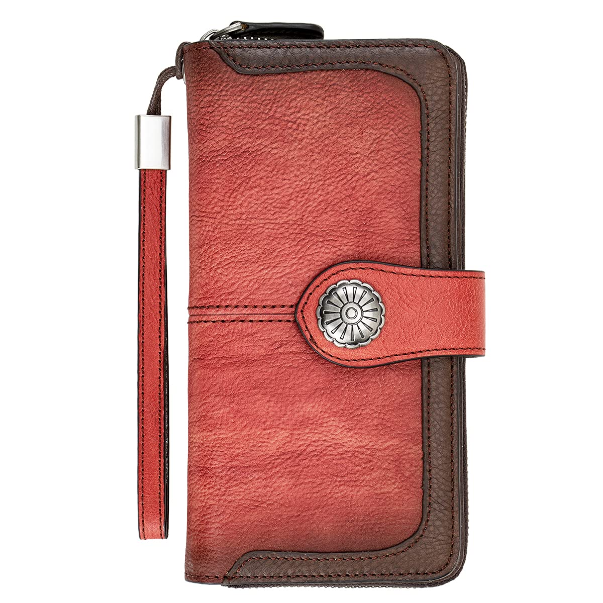 LETEULO Women's Leather Wallet Vintage Clutch Wallets Card Organizer Purse with Clutch Strap (Red)