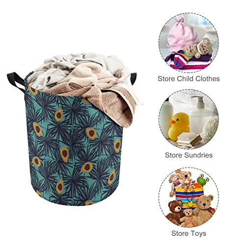 Avocado and Leaves Laundry Basket Round Collapsible Storage Bin with Drawstring and Handle for Bedroom Bathroom Toys Room 17.3" X 13.8"