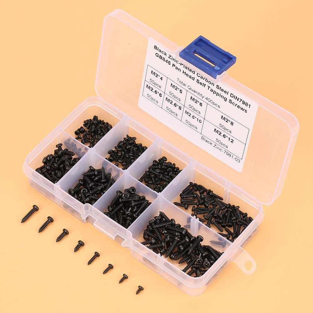 Black Self Tapping Screws,400Pcs Stainless Steel/Micro/Tiny/Mini Self-Tapping Screws, M2/M2.6 Phillips Pan Head Screws Kit for Laptop Computer Repair,Cross Recessed Wood Screws.
