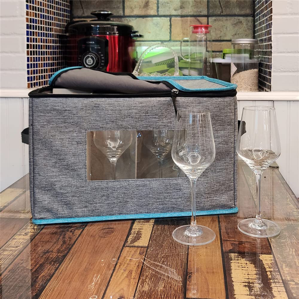 Benzoyl Stemware Storage Box, China Storage Containers Chest Boxes Holds 12 Wine Glass Canvas Case with Lid- 2 Pack