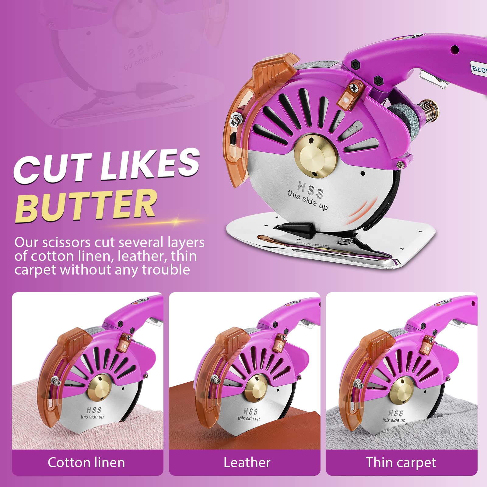 BAOSHISHAN Electric Fabric Rotary Cutter Heavy Duty Speed Adjustable Fabric Scissors Round Blade Cutting Machine for Multilayer Fabric Leather Cloth Carpet (100mm Plug-in Purple)