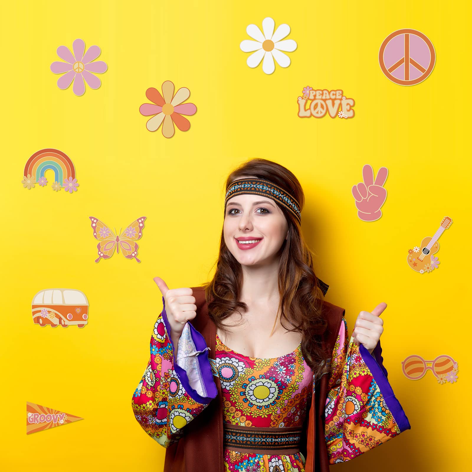 Colarr 60 Pieces Groovy Retro Hippie Boho Party Cutouts Decoration Retro Rainbow Butterfly Daisy Flower Cutouts Retro Bus Cutouts for Groovy Retro Hippie 60s 70s Party Decorations