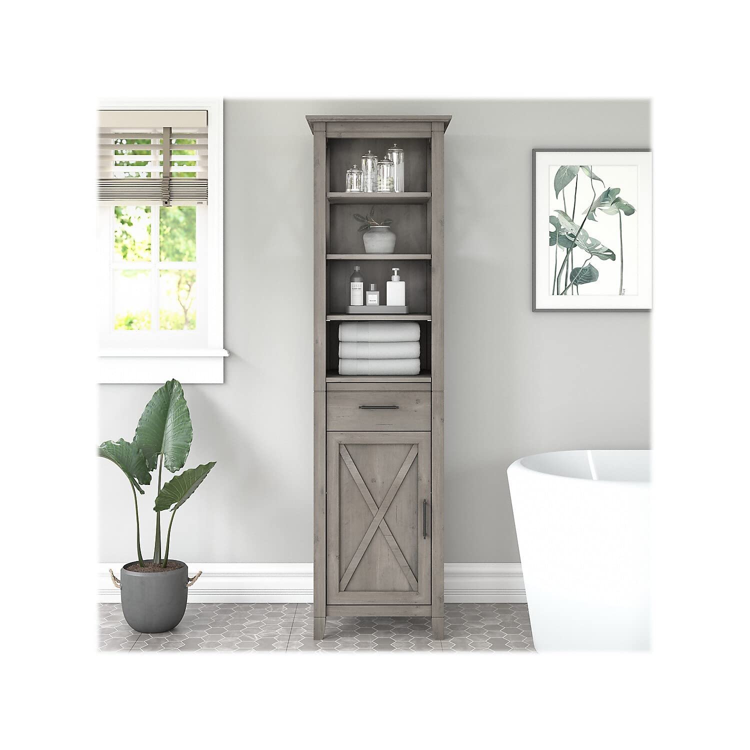 Bush Furniture Key West Bathroom Tall Narrow Bookcase Cabinet, Driftwood Gray
