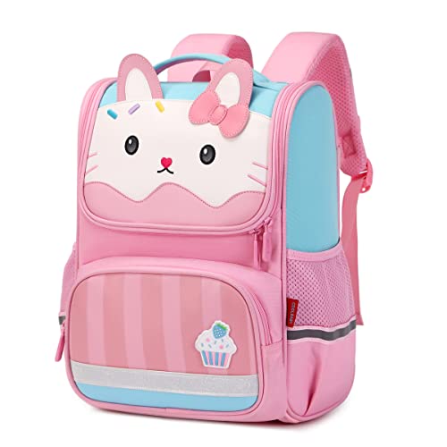 ASKSKY Kids Backpack for Girls, Kawaii Cartoon School Backpack Wide Open Bookbag for 5-10 years old with Reflective Strip, Blue Kitty