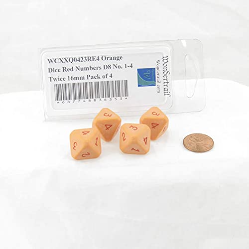Orange Opaque Dice with Red Numbers D8 No. 1-4 Twice 16mm (5/8in) Pack of 4 Wondertrail