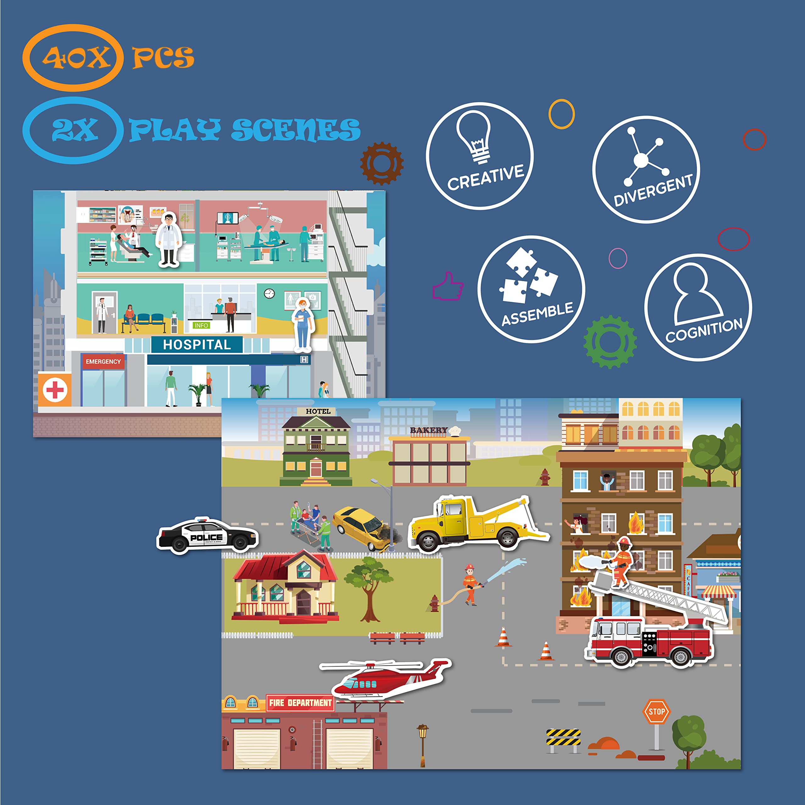 Magnetic Portable Playboard Elite Rescue Team Fire Fighting Trucks Police Trauma and Engineer (41 PCS)