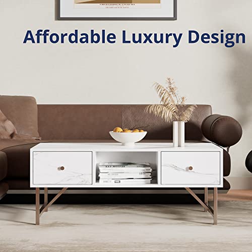 Cozy Castle Coffee Table with Drawers, 43" Mid Century Modern Coffee Table with Storage, Coffee Table with Metal Legs, Wood Small Coffee Table for Living Room, Bedroom and Office, White
