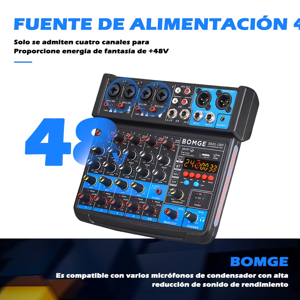 BOMGE 6 Channel mini DJ Audio sound mixer console with USB interface, Bluetooth, Stereo Recording, 48V Phantom Power, 24 DSP effects for karaoke, singing, live,streaming,pc recroding. (white)